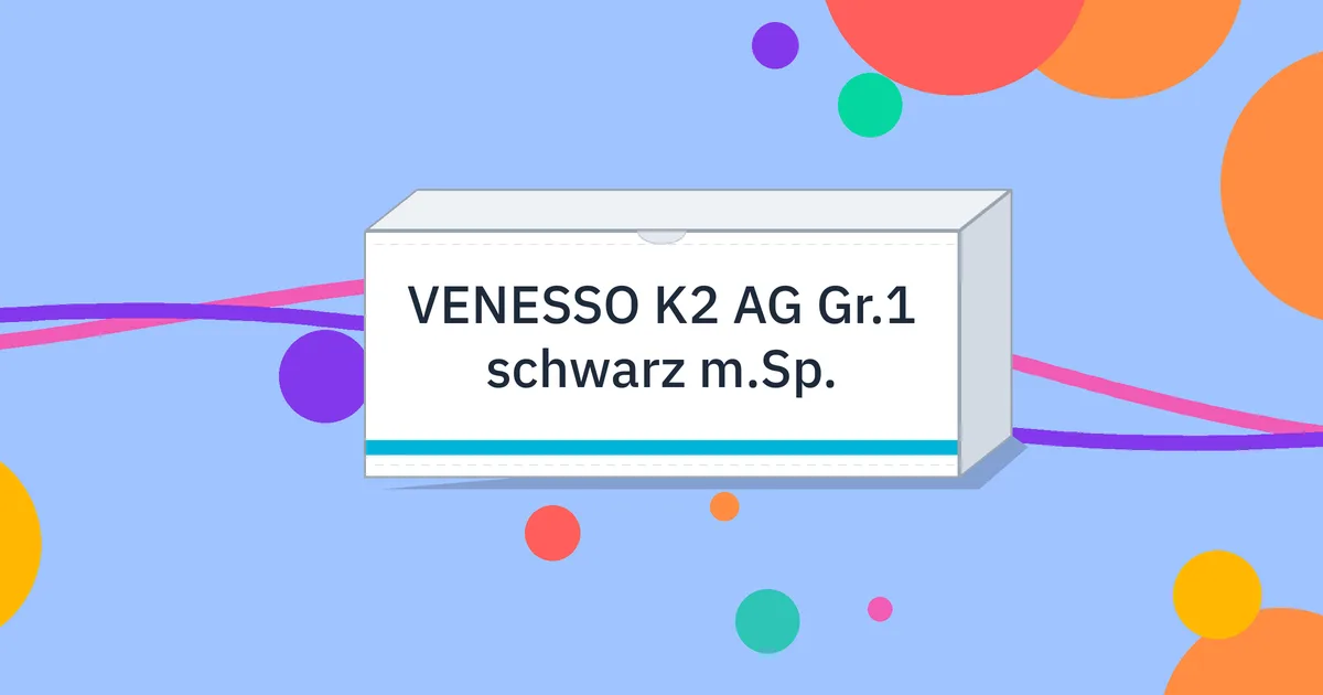 Symbolbild: Packung mit der Aufschrift VENESSO K2 AG Gr.1 schwarz m.Sp. (PZN 03277311) – Verfügbarkeit und Bezug in Apotheken in Frankfurt am Main