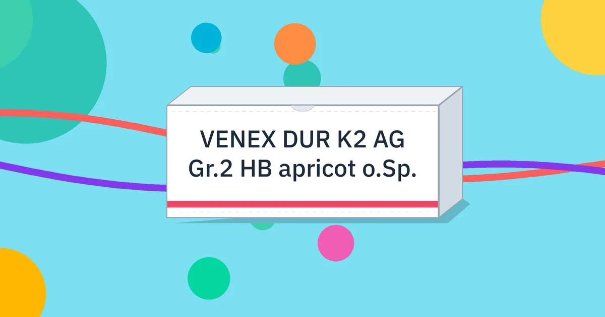 Symbolbild: Packung mit der Aufschrift VENEX DUR K2 AG Gr.2 HB apricot o.Sp. (PZN 03220699) – Verfügbarkeit und Bezug in Apotheken in Frankfurt am Main