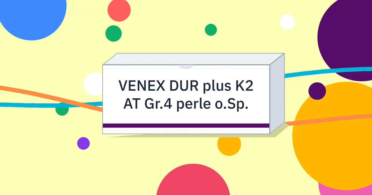 Symbolbild: Packung mit der Aufschrift VENEX DUR plus K2 AT Gr.4 perle o.Sp. (PZN 03234543) – Verfügbarkeit und Bezug in Apotheken in Frankfurt am Main