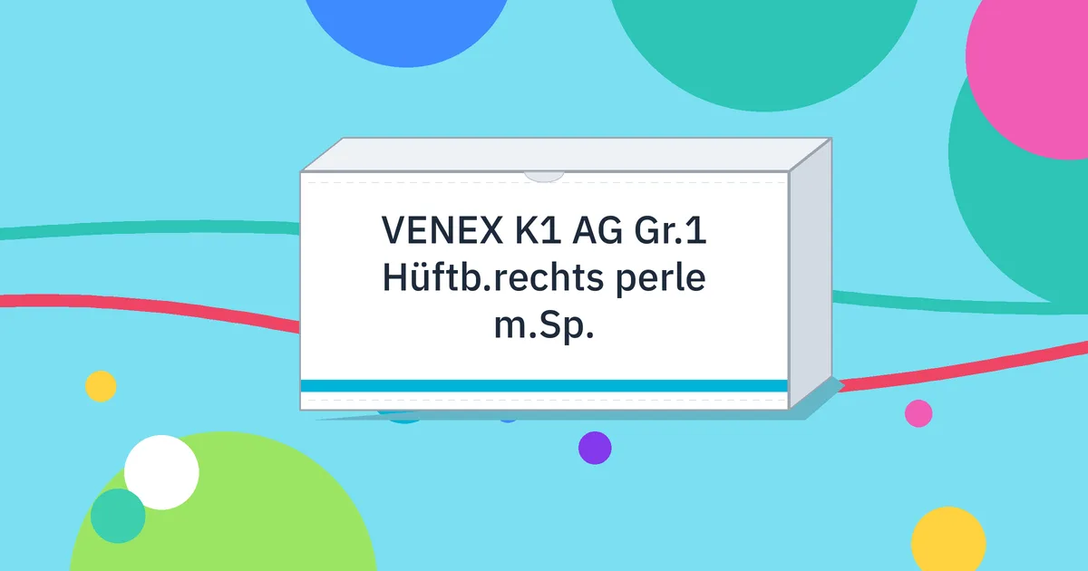 Symbolbild: Packung mit der Aufschrift VENEX K1 AG Gr.1 Hüftb.rechts perle m.Sp. (PZN 03202224) – Verfügbarkeit und Bezug in Apotheken in Frankfurt am Main