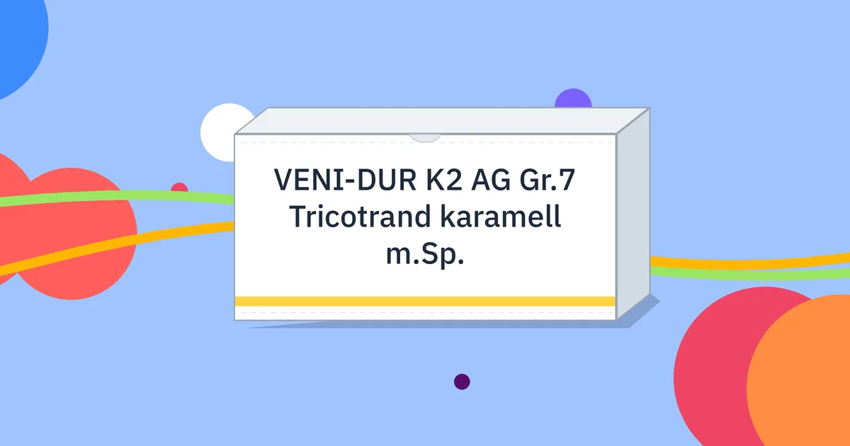 Symbolbild: Packung mit der Aufschrift VENI-DUR K2 AG Gr.7 Tricotrand karamell m.Sp. (PZN 13762444) – Verfügbarkeit und Bezug in Apotheken in Frankfurt am Main