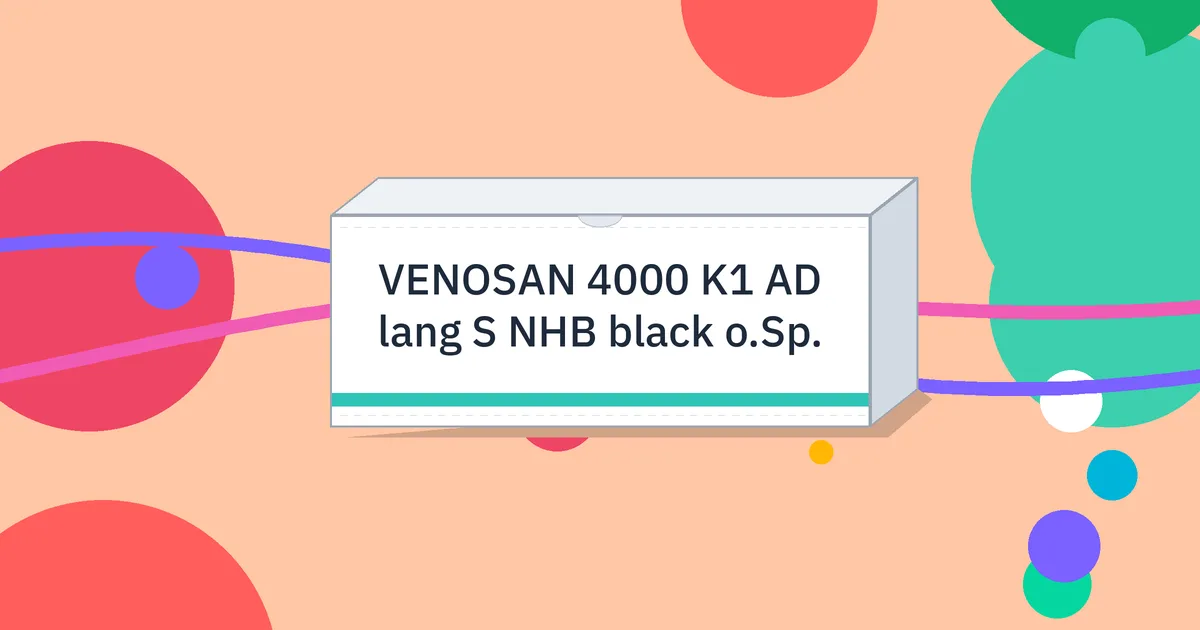 Symbolbild: Packung mit der Aufschrift VENOSAN 4000 K1 AD lang S NHB black o.Sp. (PZN 14426464) – Verfügbarkeit und Bezug in Apotheken in Frankfurt am Main
