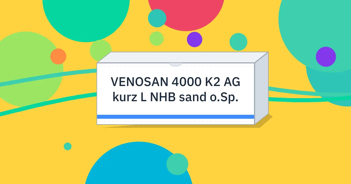 Symbolbild: Packung mit der Aufschrift VENOSAN 4000 K2 AG kurz L NHB sand o.Sp. (PZN 14422839) – Verfügbarkeit und Bezug in Apotheken in Frankfurt am Main
