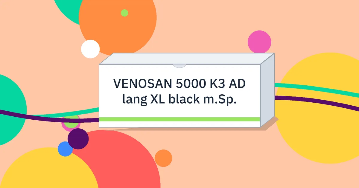 Symbolbild: Packung mit der Aufschrift VENOSAN 5000 K3 AD lang XL black m.Sp. (PZN 14433932) – Verfügbarkeit und Bezug in Apotheken in Frankfurt am Main