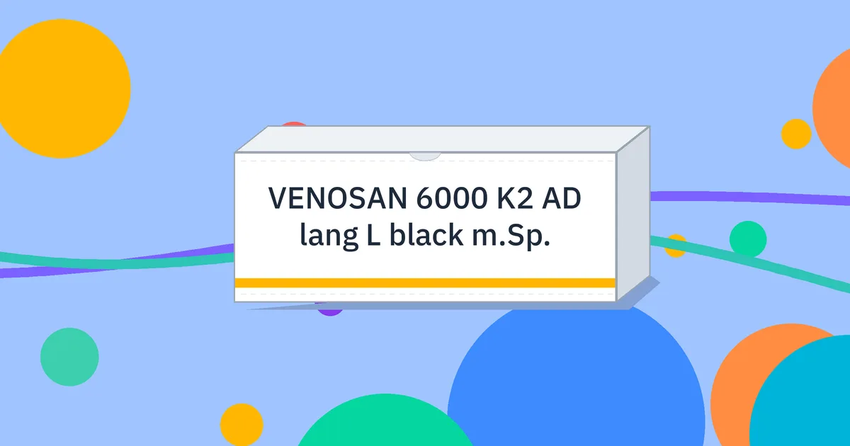 Symbolbild: Packung mit der Aufschrift VENOSAN 6000 K2 AD lang L black m.Sp. (PZN 17172538) – Verfügbarkeit und Bezug in Apotheken in Frankfurt am Main