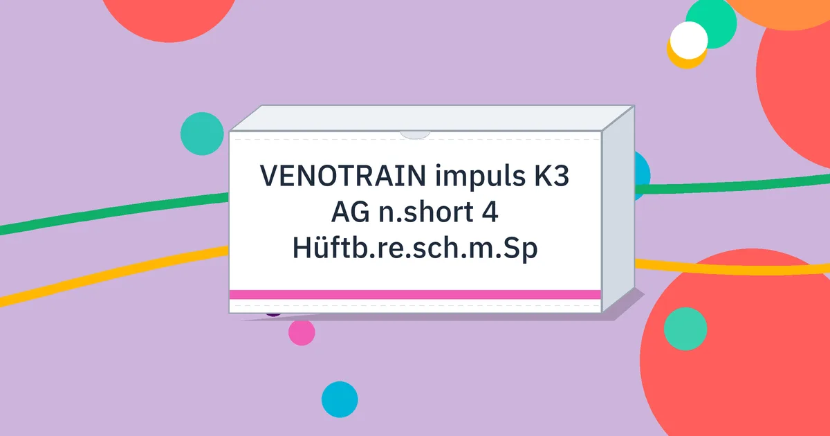 Symbolbild: Packung mit der Aufschrift VENOTRAIN impuls K3 AG n.short 4 Hüftb.re.sch.m.Sp (PZN 10293813) – Verfügbarkeit und Bezug in Apotheken in Frankfurt am Main