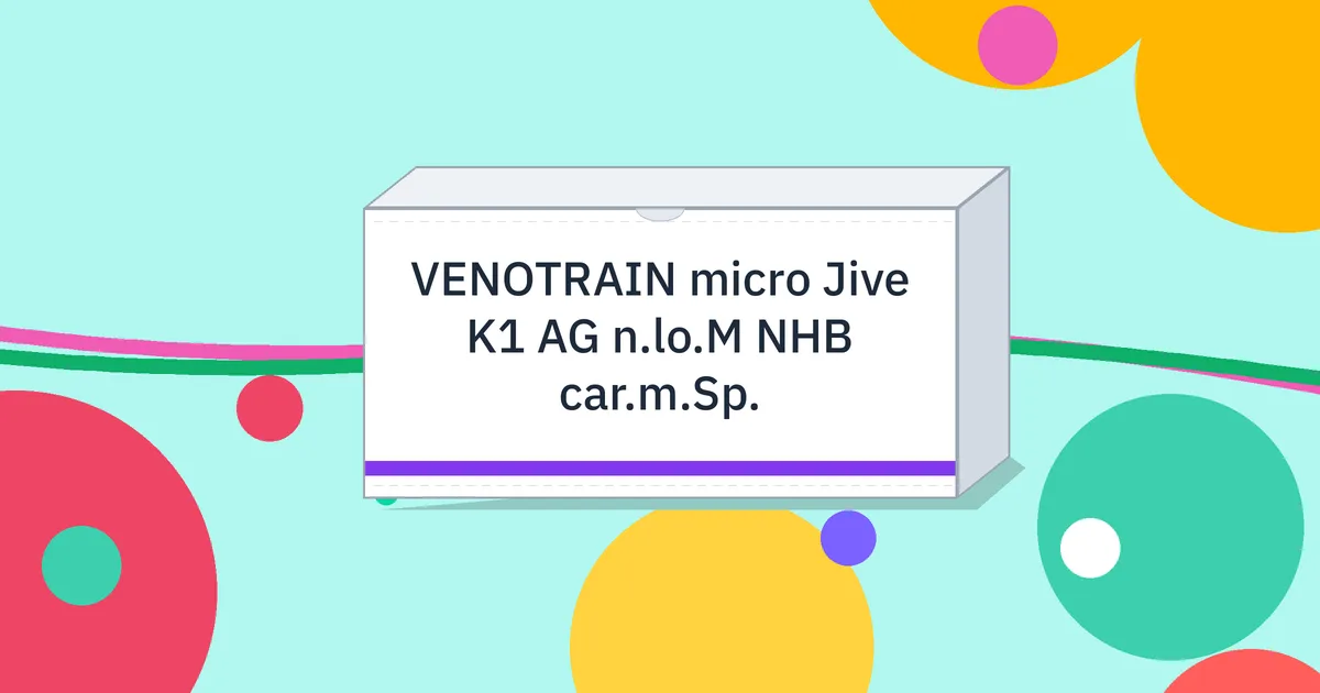 Symbolbild: Packung mit der Aufschrift VENOTRAIN micro Jive K1 AG n.lo.M NHB car.m.Sp. (PZN 17764150) – Verfügbarkeit und Bezug in Apotheken in Frankfurt am Main