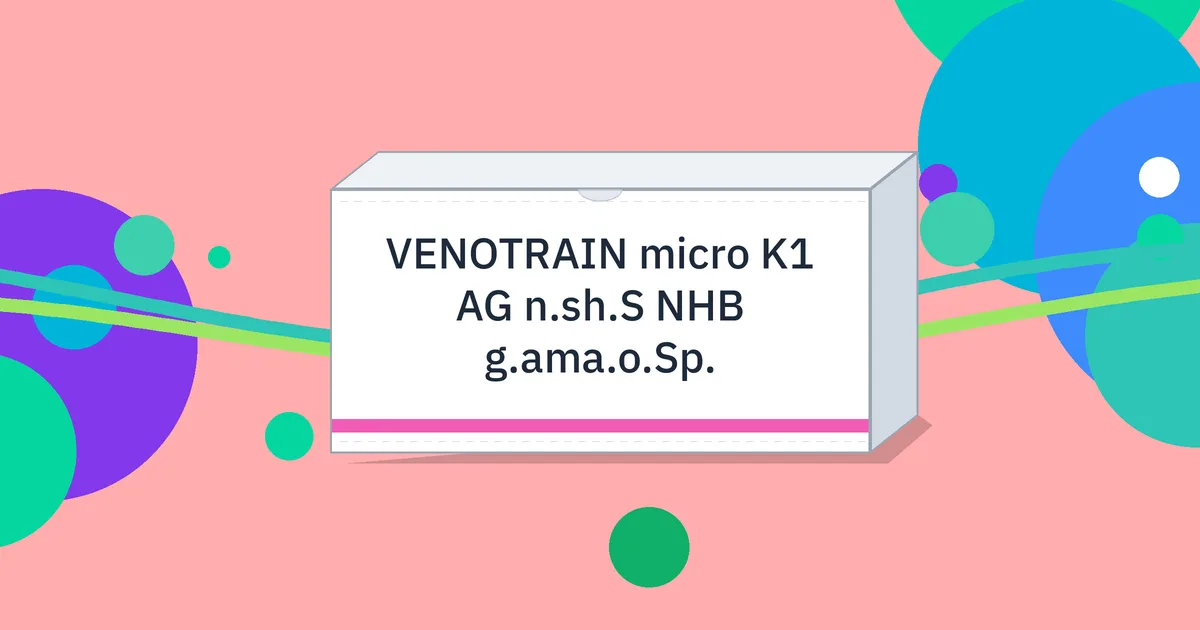 Symbolbild: Packung mit der Aufschrift VENOTRAIN micro K1 AG n.sh.S NHB g.ama.o.Sp. (PZN 05997392) – Verfügbarkeit und Bezug in Apotheken in Frankfurt am Main