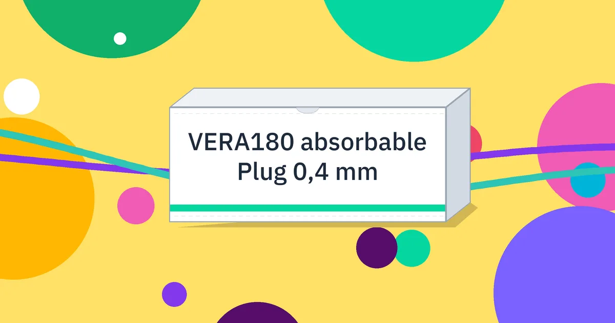Symbolbild: Packung mit der Aufschrift VERA180 absorbable Plug 0,4 mm (PZN 17274291) – Verfügbarkeit und Bezug in Apotheken in Frankfurt am Main