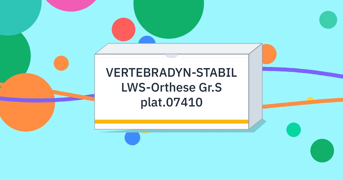 Symbolbild: Packung mit der Aufschrift VERTEBRADYN-STABIL LWS-Orthese Gr.S plat.07410 (PZN 05543107) – Verfügbarkeit und Bezug in Apotheken in Frankfurt am Main