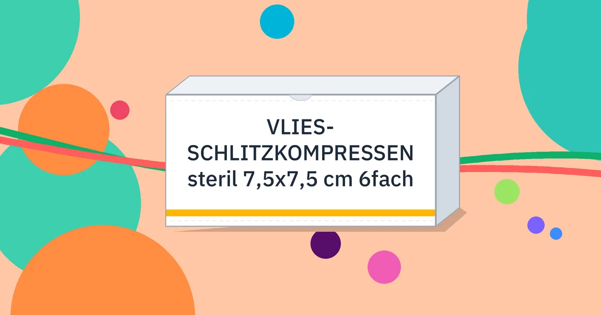 Symbolbild: Packung mit der Aufschrift VLIES-SCHLITZKOMPRESSEN steril 7,5x7,5 cm 6fach (PZN 07200506) – Verfügbarkeit und Bezug in Apotheken in Frankfurt am Main