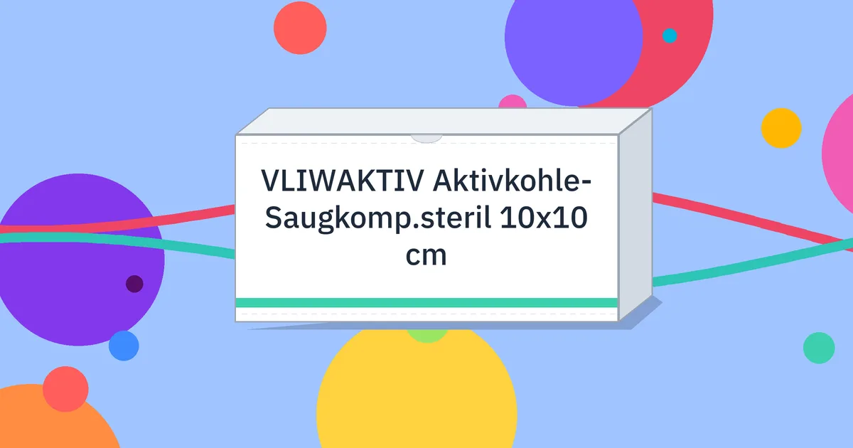 Symbolbild: Packung mit der Aufschrift VLIWAKTIV Aktivkohle-Saugkomp.steril 10x10 cm (PZN 20044005) – Verfügbarkeit und Bezug in Apotheken in Frankfurt am Main