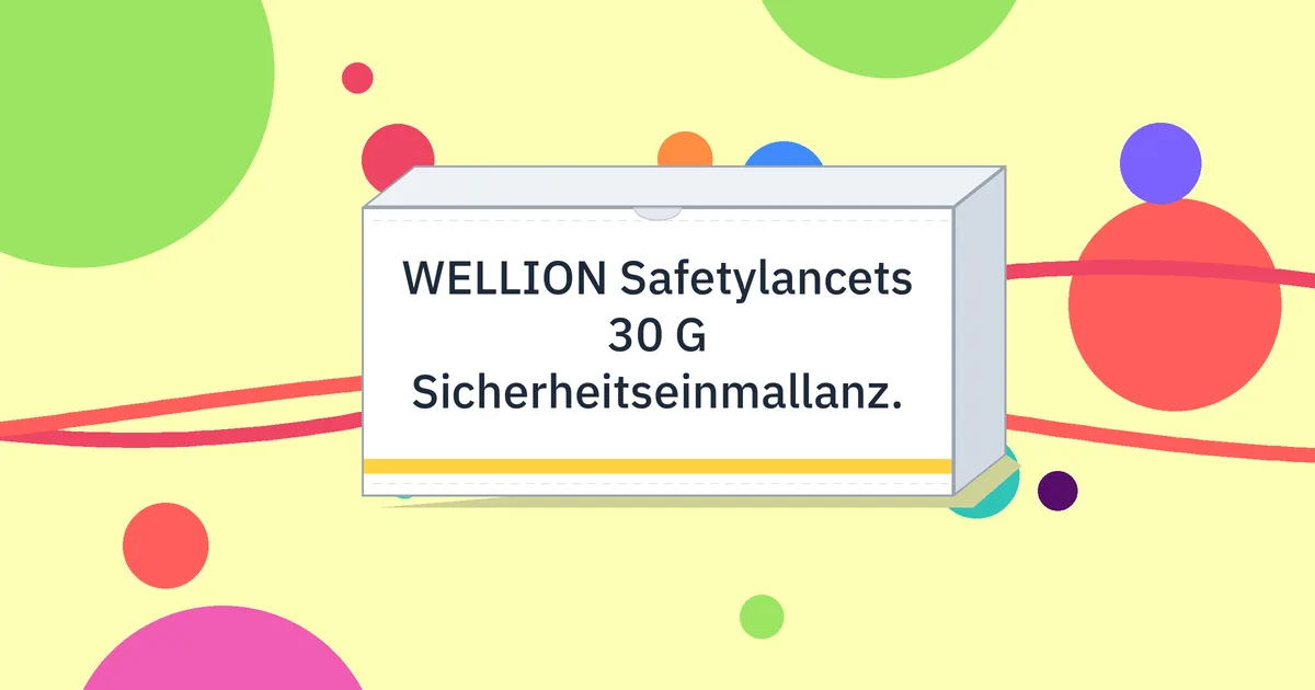Symbolbild: Packung mit der Aufschrift WELLION Safetylancets 30 G Sicherheitseinmallanz. (PZN 19640848) – Verfügbarkeit und Bezug in Apotheken in Frankfurt am Main