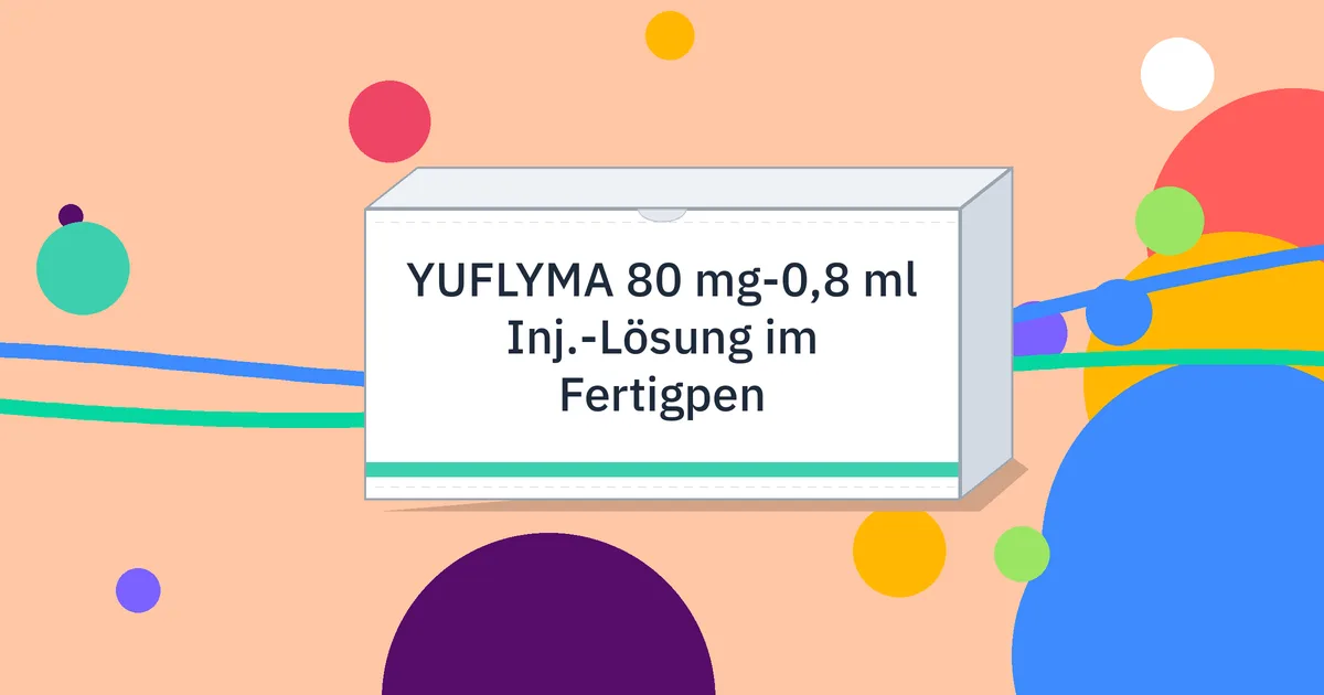 Symbolbild: Packung mit der Aufschrift YUFLYMA 80 mg-0,8 ml Inj.-Lösung im Fertigpen (PZN 18493316) – Verfügbarkeit und Bezug in Apotheken in Frankfurt am Main