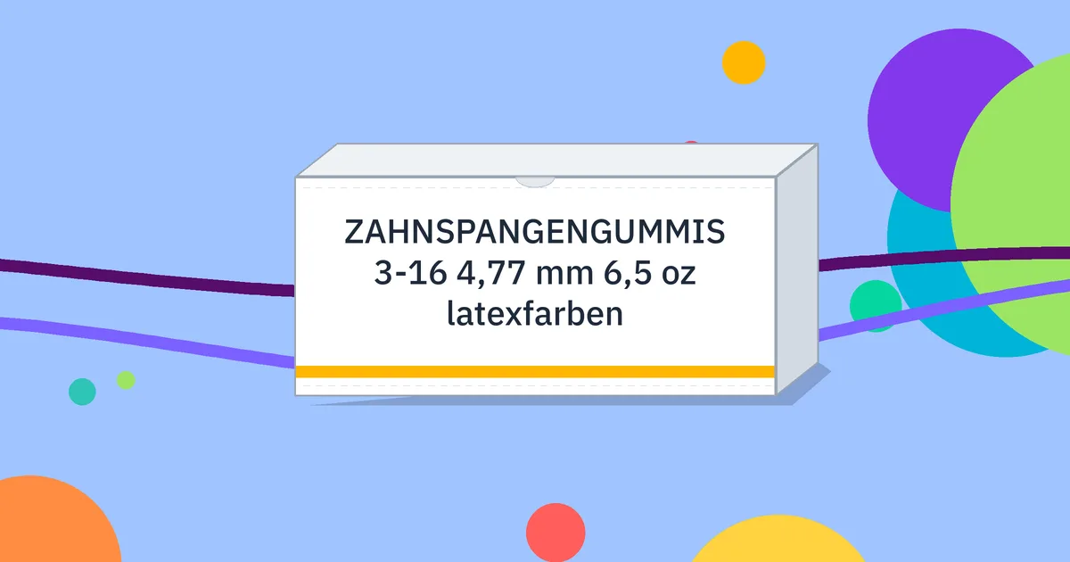 Symbolbild: Packung mit der Aufschrift ZAHNSPANGENGUMMIS 3-16 4,77 mm 6,5 oz latexfarben (PZN 19857832) – Verfügbarkeit und Bezug in Apotheken in Frankfurt am Main