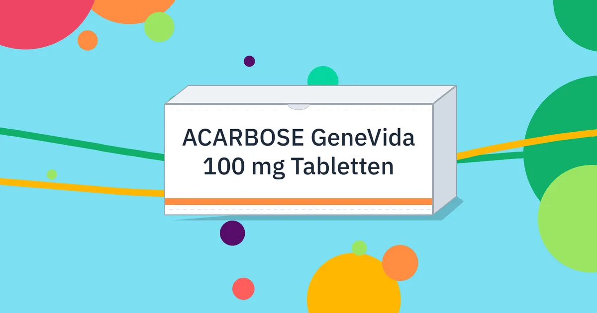 Symbolbild: Packung mit der Aufschrift ACARBOSE GeneVida 100 mg Tabletten (PZN 12559304) – Verfügbarkeit und Bezug in Apotheken in Frankfurt am Main