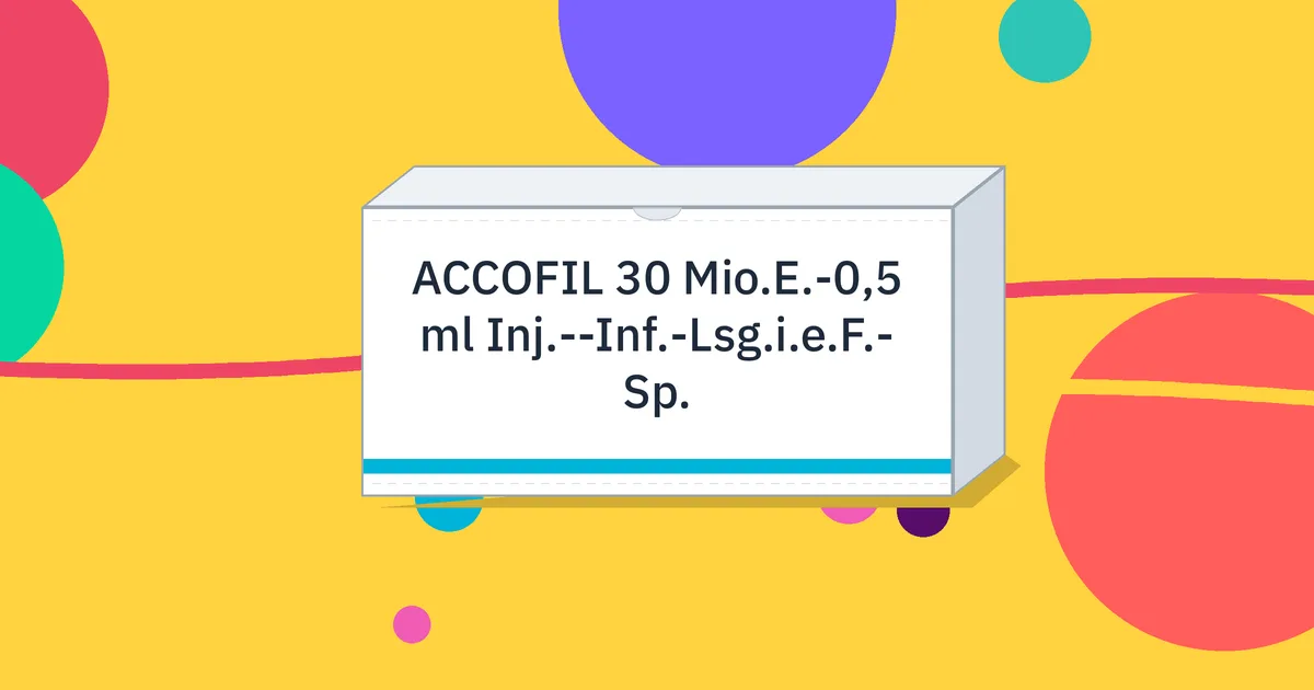 Symbolbild: Packung mit der Aufschrift ACCOFIL 30 Mio.E.-0,5 ml Inj.--Inf.-Lsg.i.e.F.-Sp. (PZN 15735693) – Verfügbarkeit und Bezug in Apotheken in Frankfurt am Main