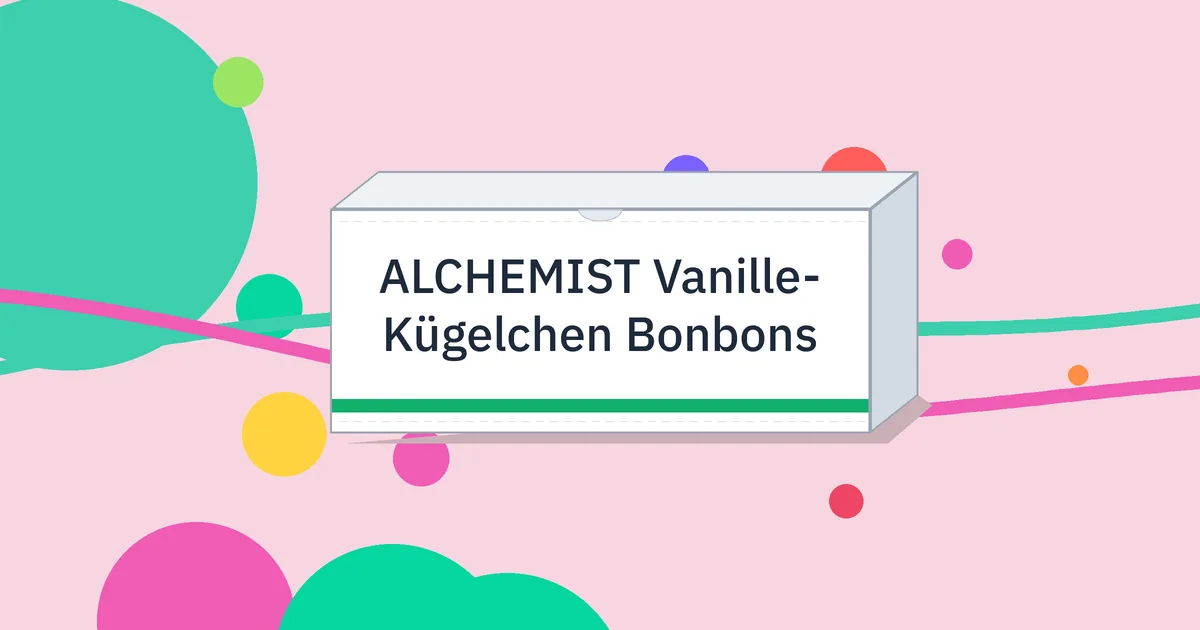 Symbolbild: Packung mit der Aufschrift ALCHEMIST Vanille-Kügelchen Bonbons (PZN 17153073) – Verfügbarkeit und Bezug in Apotheken in Frankfurt am Main