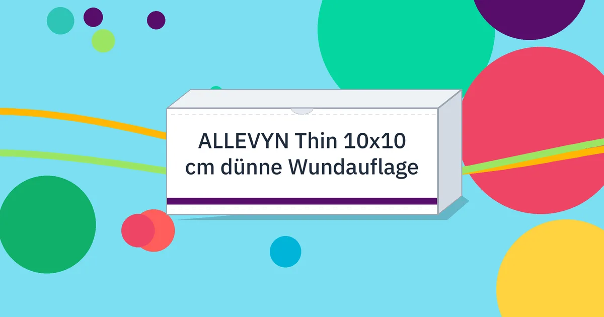 Symbolbild: Packung mit der Aufschrift ALLEVYN Thin 10x10 cm dünne Wundauflage (PZN 13975163) – Verfügbarkeit und Bezug in Apotheken in Frankfurt am Main