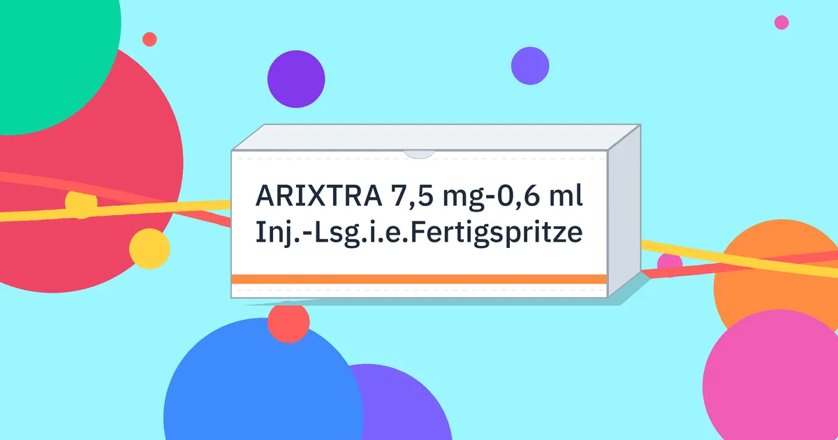 Symbolbild: Packung mit der Aufschrift ARIXTRA 7,5 mg-0,6 ml Inj.-Lsg.i.e.Fertigspritze (PZN 12450694) – Verfügbarkeit und Bezug in Apotheken in Frankfurt am Main