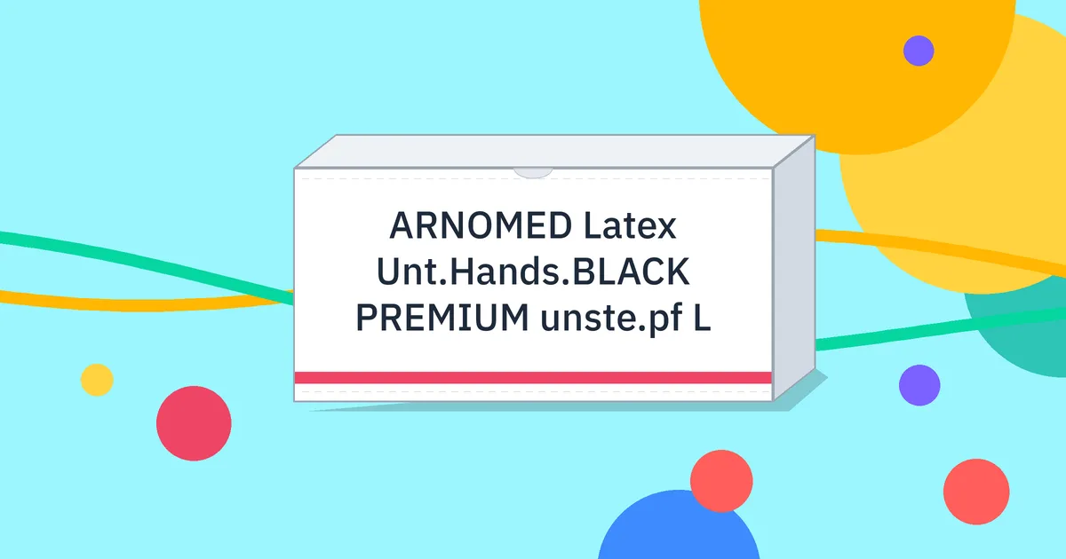 Symbolbild: Packung mit der Aufschrift ARNOMED Latex Unt.Hands.BLACK PREMIUM unste.pf L (PZN 18107721) – Verfügbarkeit und Bezug in Apotheken in Frankfurt am Main