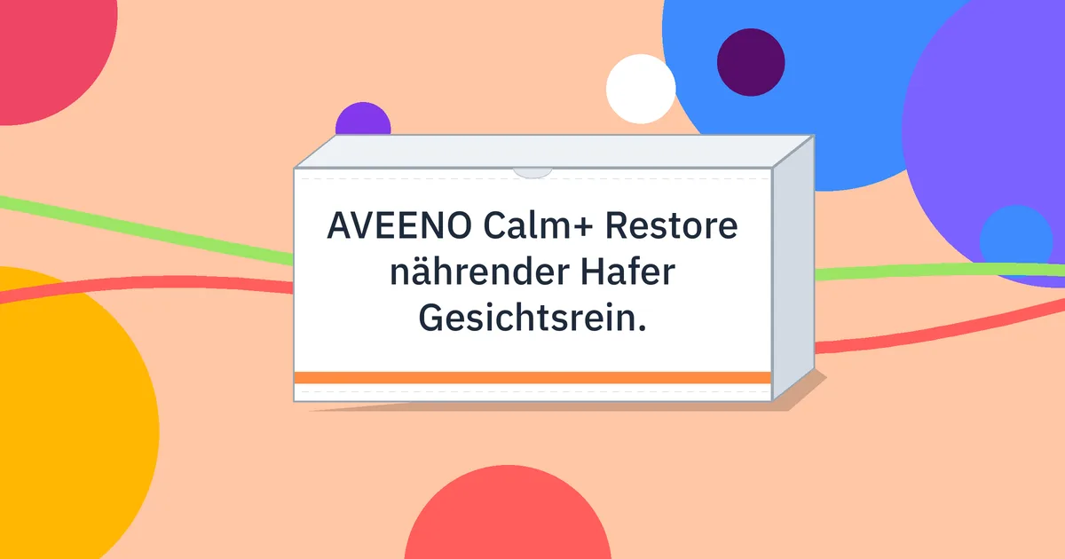 Symbolbild: Packung mit der Aufschrift AVEENO Calm+ Restore nährender Hafer Gesichtsrein. (PZN 19342915) – Verfügbarkeit und Bezug in Apotheken in Frankfurt am Main