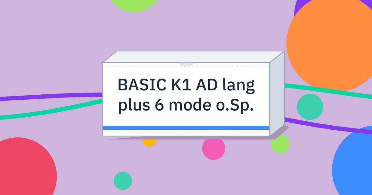 Symbolbild: Packung mit der Aufschrift BASIC K1 AD lang plus 6 mode o.Sp. (PZN 20259409) – Verfügbarkeit und Bezug in Apotheken in Frankfurt am Main