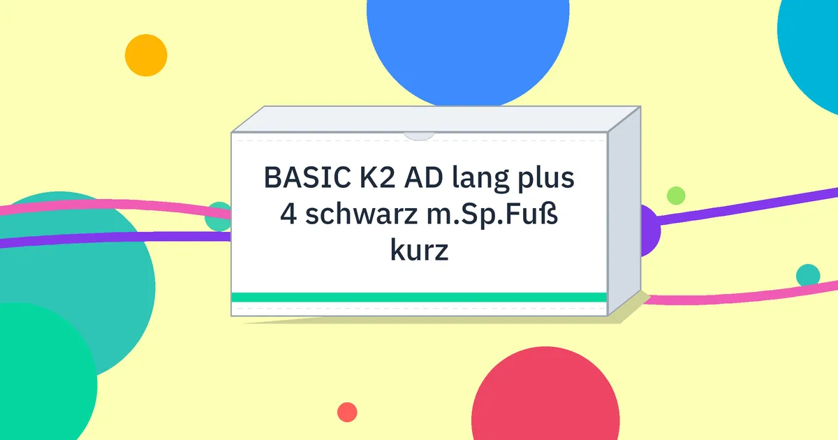 Symbolbild: Packung mit der Aufschrift BASIC K2 AD lang plus 4 schwarz m.Sp.Fuß kurz (PZN 20264787) – Verfügbarkeit und Bezug in Apotheken in Frankfurt am Main