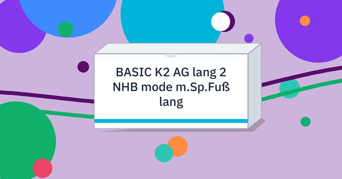 Symbolbild: Packung mit der Aufschrift BASIC K2 AG lang 2 NHB mode m.Sp.Fuß lang (PZN 20266792) – Verfügbarkeit und Bezug in Apotheken in Frankfurt am Main