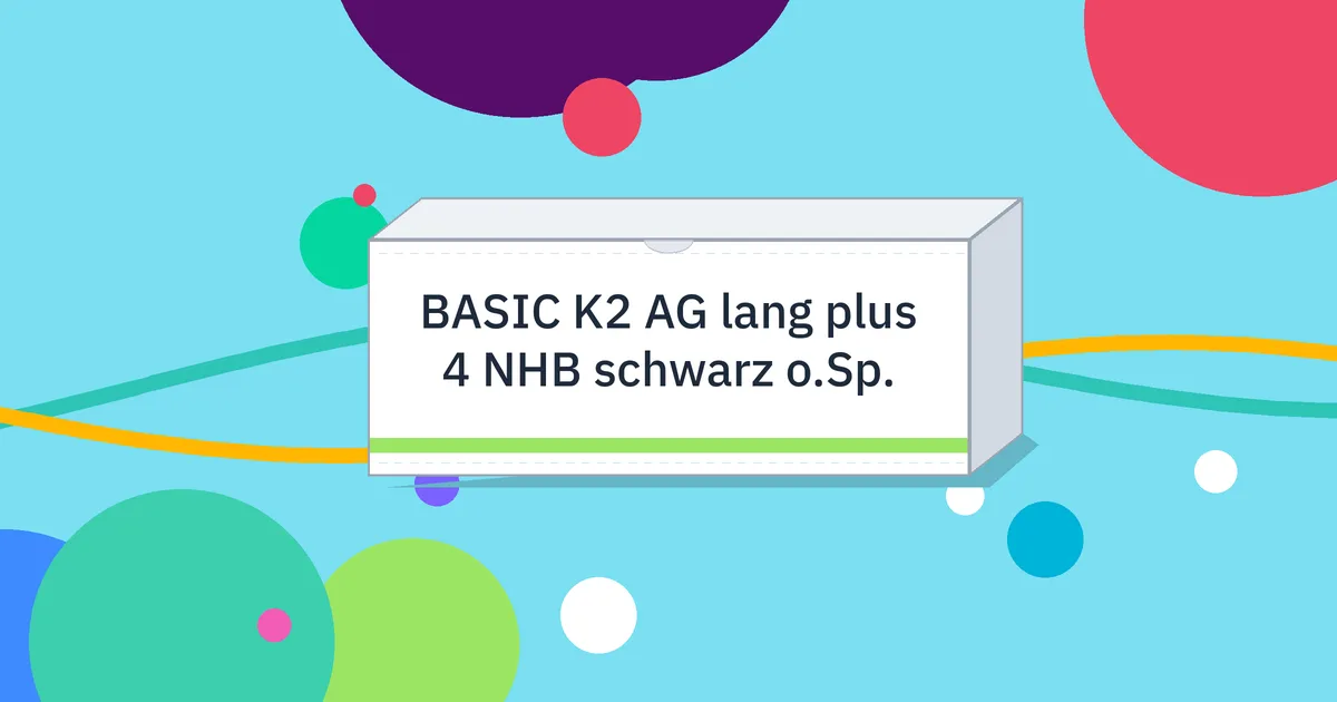 Symbolbild: Packung mit der Aufschrift BASIC K2 AG lang plus 4 NHB schwarz o.Sp. (PZN 20267449) – Verfügbarkeit und Bezug in Apotheken in Frankfurt am Main