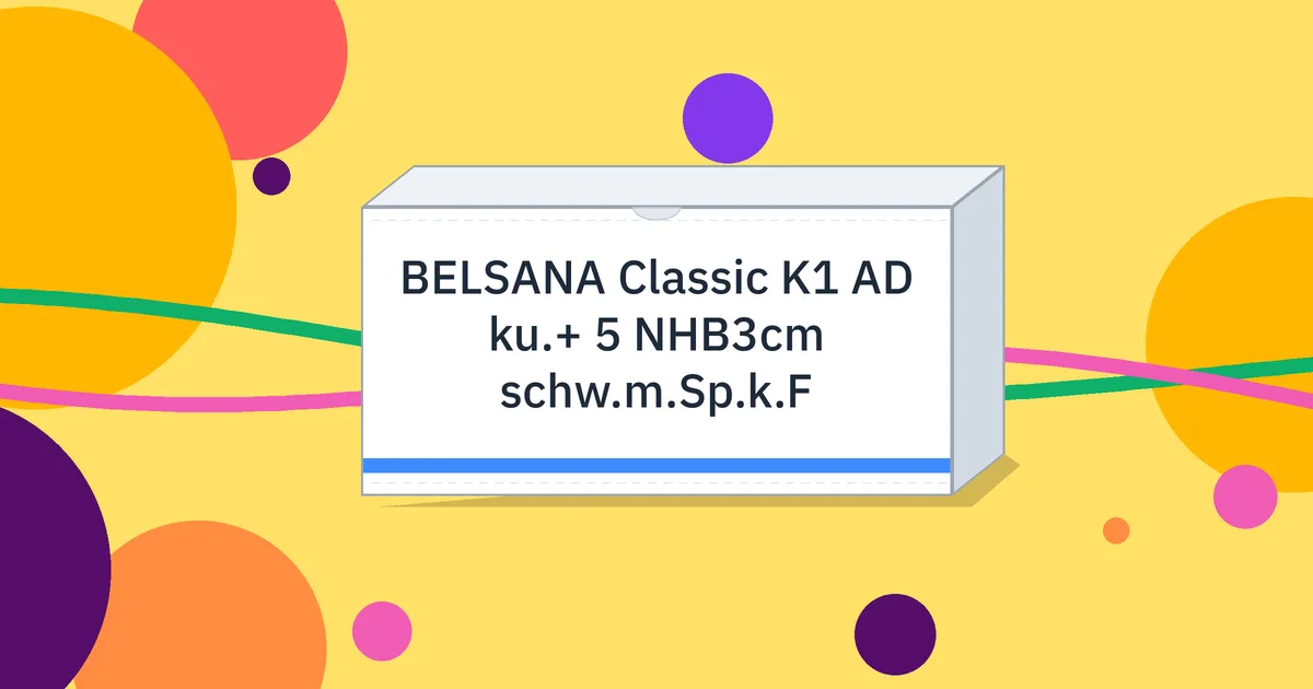 Symbolbild: Packung mit der Aufschrift BELSANA Classic K1 AD ku.+ 5 NHB3cm schw.m.Sp.k.F (PZN 19256512) – Verfügbarkeit und Bezug in Apotheken in Frankfurt am Main