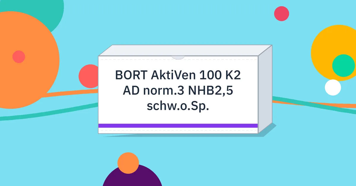 Symbolbild: Packung mit der Aufschrift BORT AktiVen 100 K2 AD norm.3 NHB2,5 schw.o.Sp. (PZN 17501628) – Verfügbarkeit und Bezug in Apotheken in Frankfurt am Main