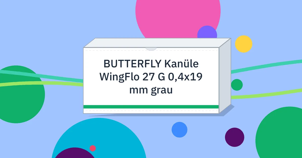 Symbolbild: Packung mit der Aufschrift BUTTERFLY Kanüle WingFlo 27 G 0,4x19 mm grau (PZN 18055042) – Verfügbarkeit und Bezug in Apotheken in Frankfurt am Main