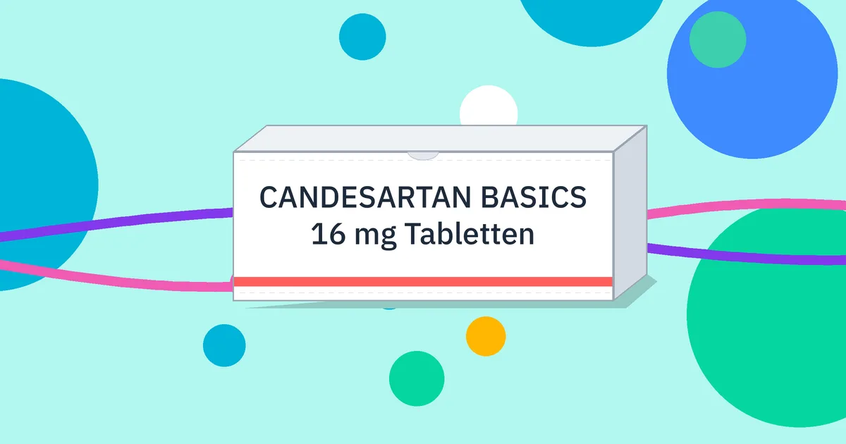 Symbolbild: Packung mit der Aufschrift CANDESARTAN BASICS 16 mg Tabletten (PZN 09482839) – Verfügbarkeit und Bezug in Apotheken in Frankfurt am Main