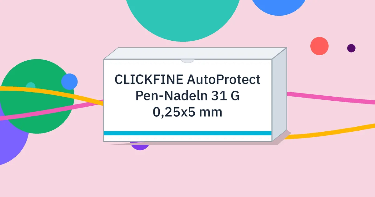 Symbolbild: Packung mit der Aufschrift CLICKFINE AutoProtect Pen-Nadeln 31 G 0,25x5 mm (PZN 13706782) – Verfügbarkeit und Bezug in Apotheken in Frankfurt am Main
