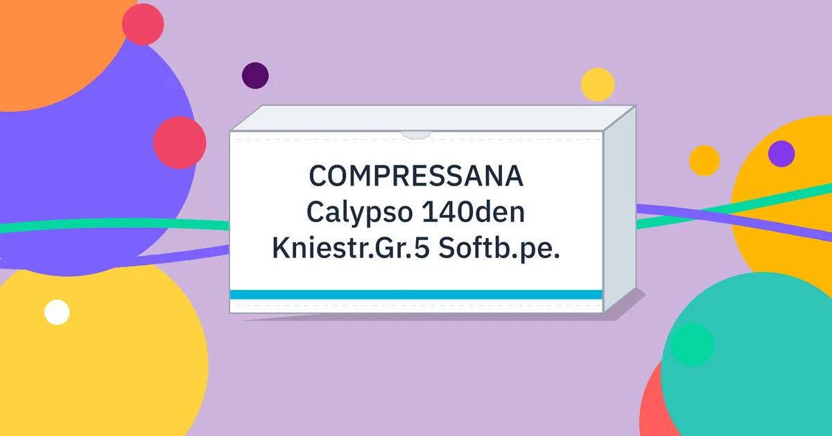 Symbolbild: Packung mit der Aufschrift COMPRESSANA Calypso 140den Kniestr.Gr.5 Softb.pe. (PZN 11217932) – Verfügbarkeit und Bezug in Apotheken in Frankfurt am Main