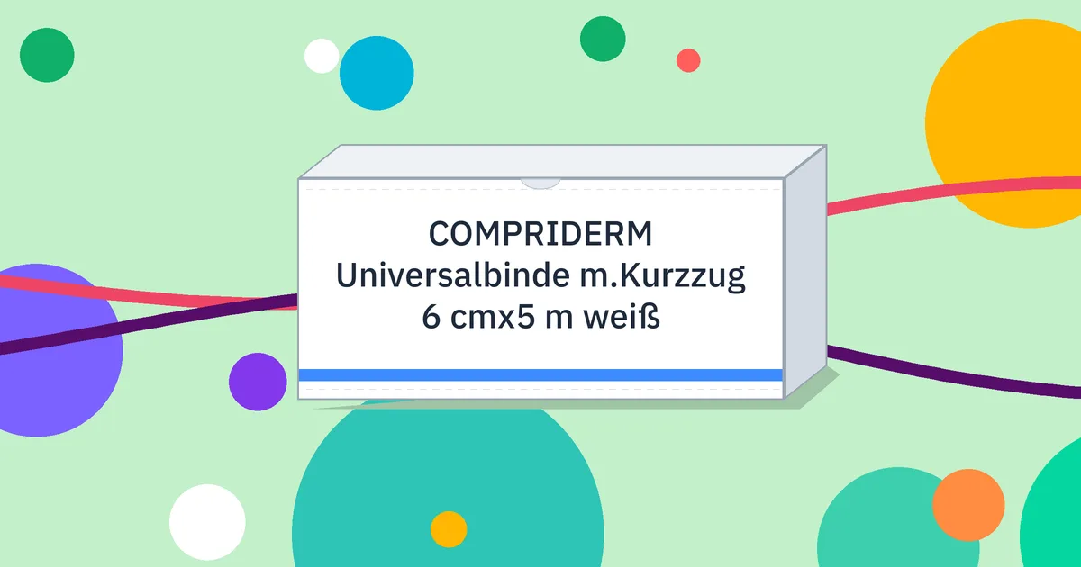 Symbolbild: Packung mit der Aufschrift COMPRIDERM Universalbinde m.Kurzzug 6 cmx5 m weiß (PZN 20111291) – Verfügbarkeit und Bezug in Apotheken in Frankfurt am Main