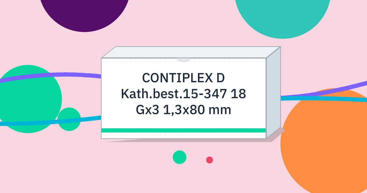Symbolbild: Packung mit der Aufschrift CONTIPLEX D Kath.best.15-347 18 Gx3 1,3x80 mm (PZN 14138274) – Verfügbarkeit und Bezug in Apotheken in Frankfurt am Main