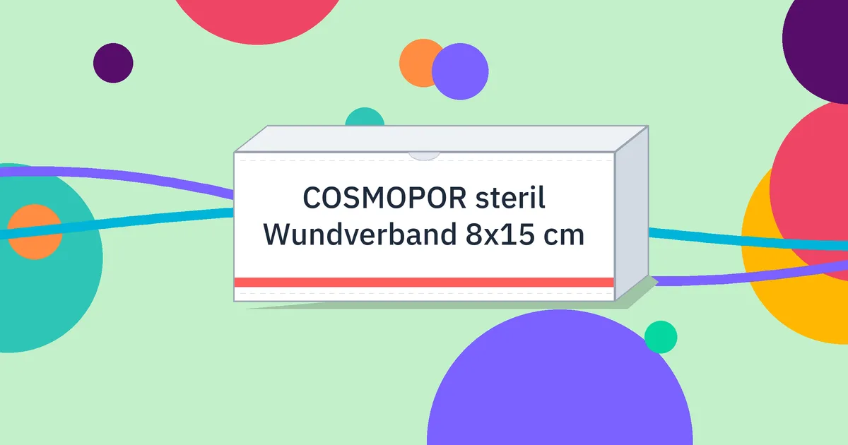 Symbolbild: Packung mit der Aufschrift COSMOPOR steril Wundverband 8x15 cm (PZN 19699617) – Verfügbarkeit und Bezug in Apotheken in Frankfurt am Main