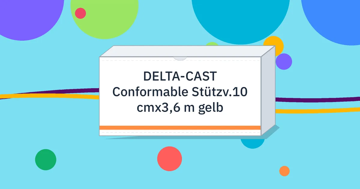 Symbolbild: Packung mit der Aufschrift DELTA-CAST Conformable Stützv.10 cmx3,6 m gelb (PZN 04590961) – Verfügbarkeit und Bezug in Apotheken in Frankfurt am Main