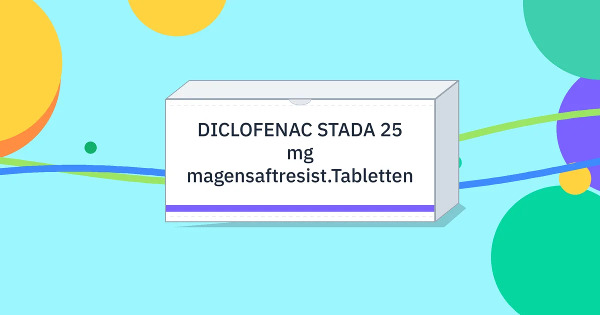 Symbolbild: Packung mit der Aufschrift DICLOFENAC STADA 25 mg magensaftresist.Tabletten (PZN 03470918) – Verfügbarkeit und Bezug in Apotheken in Frankfurt am Main