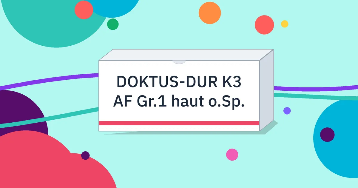 Symbolbild: Packung mit der Aufschrift DOKTUS-DUR K3 AF Gr.1 haut o.Sp. (PZN 00596955) – Verfügbarkeit und Bezug in Apotheken in Frankfurt am Main