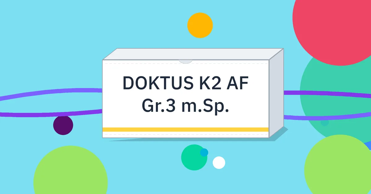 Symbolbild: Packung mit der Aufschrift DOKTUS K2 AF Gr.3 m.Sp. (PZN 03308980) – Verfügbarkeit und Bezug in Apotheken in Frankfurt am Main