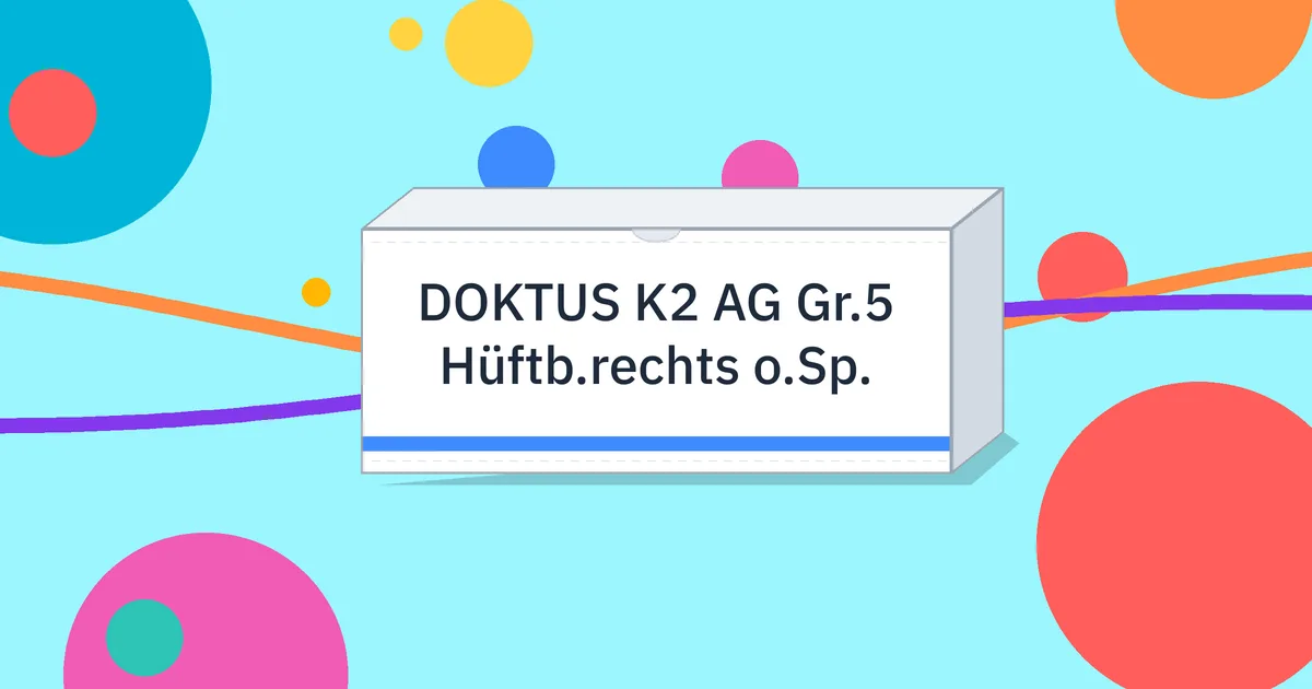Symbolbild: Packung mit der Aufschrift DOKTUS K2 AG Gr.5 Hüftb.rechts o.Sp. (PZN 03311143) – Verfügbarkeit und Bezug in Apotheken in Frankfurt am Main