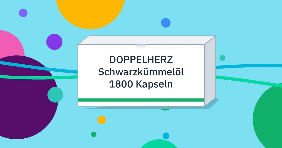 Symbolbild: Packung mit der Aufschrift DOPPELHERZ Schwarzkümmelöl 1800 Kapseln (PZN 19479815) – Verfügbarkeit und Bezug in Apotheken in Frankfurt am Main