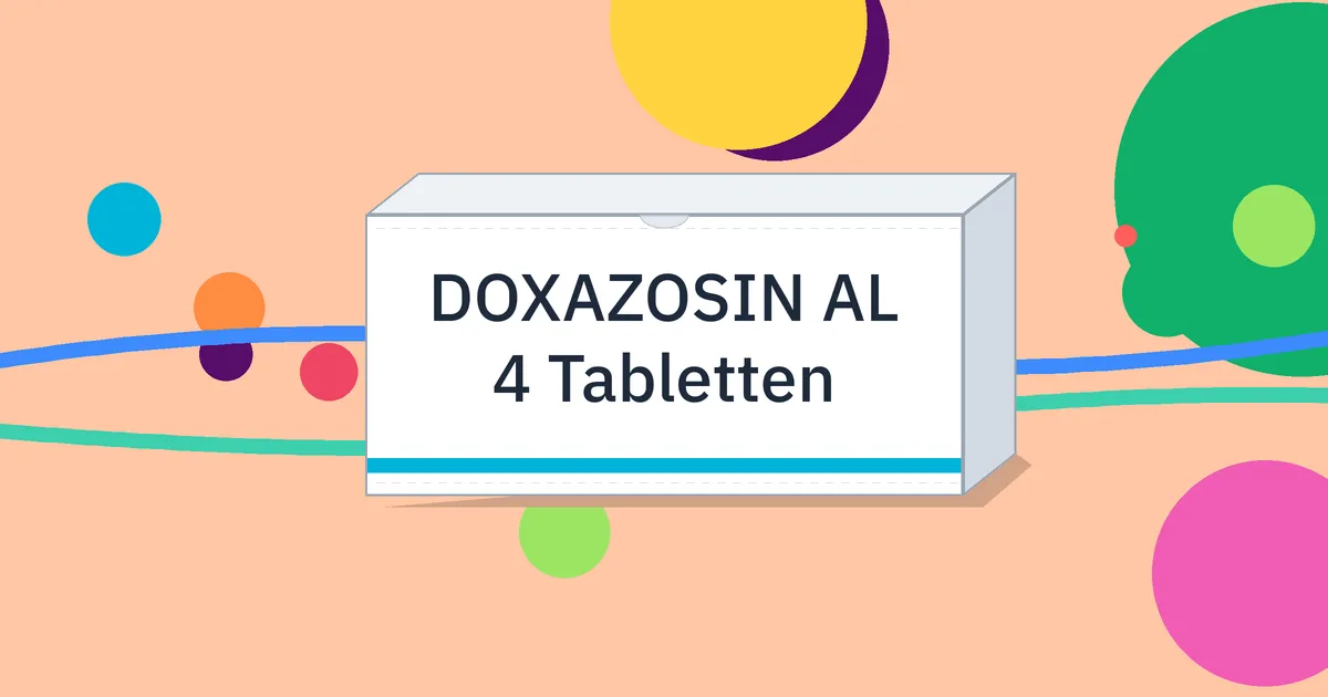 Symbolbild: Packung mit der Aufschrift DOXAZOSIN AL 4 Tabletten (PZN 00629910) – Verfügbarkeit und Bezug in Apotheken in Frankfurt am Main