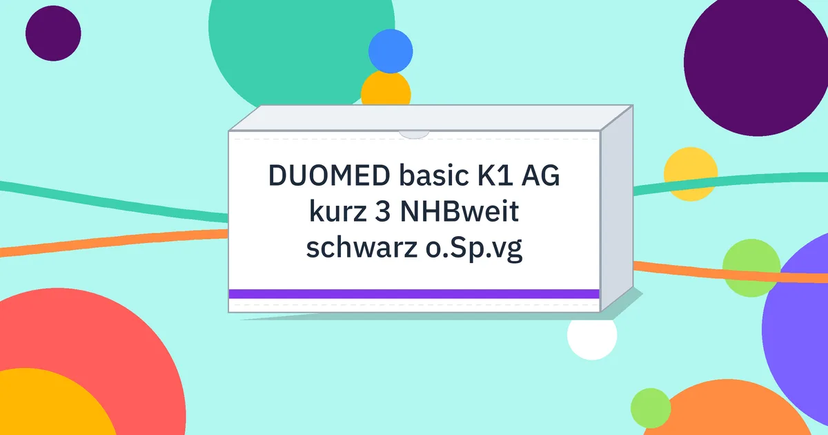 Symbolbild: Packung mit der Aufschrift DUOMED basic K1 AG kurz 3 NHBweit schwarz o.Sp.vg (PZN 20905080) – Verfügbarkeit und Bezug in Apotheken in Frankfurt am Main