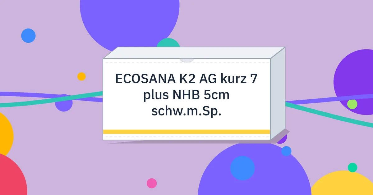 Symbolbild: Packung mit der Aufschrift ECOSANA K2 AG kurz 7 plus NHB 5cm schw.m.Sp. (PZN 01530510) – Verfügbarkeit und Bezug in Apotheken in Frankfurt am Main