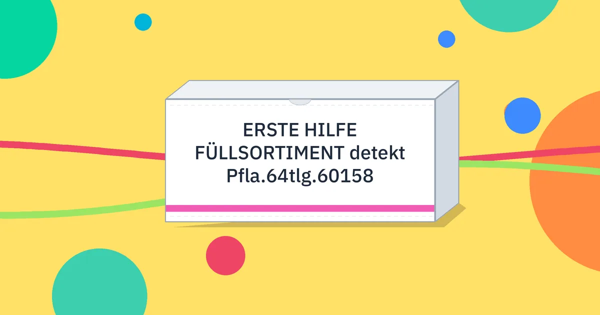 Symbolbild: Packung mit der Aufschrift ERSTE HILFE FÜLLSORTIMENT detekt Pfla.64tlg.60158 (PZN 13198038) – Verfügbarkeit und Bezug in Apotheken in Frankfurt am Main