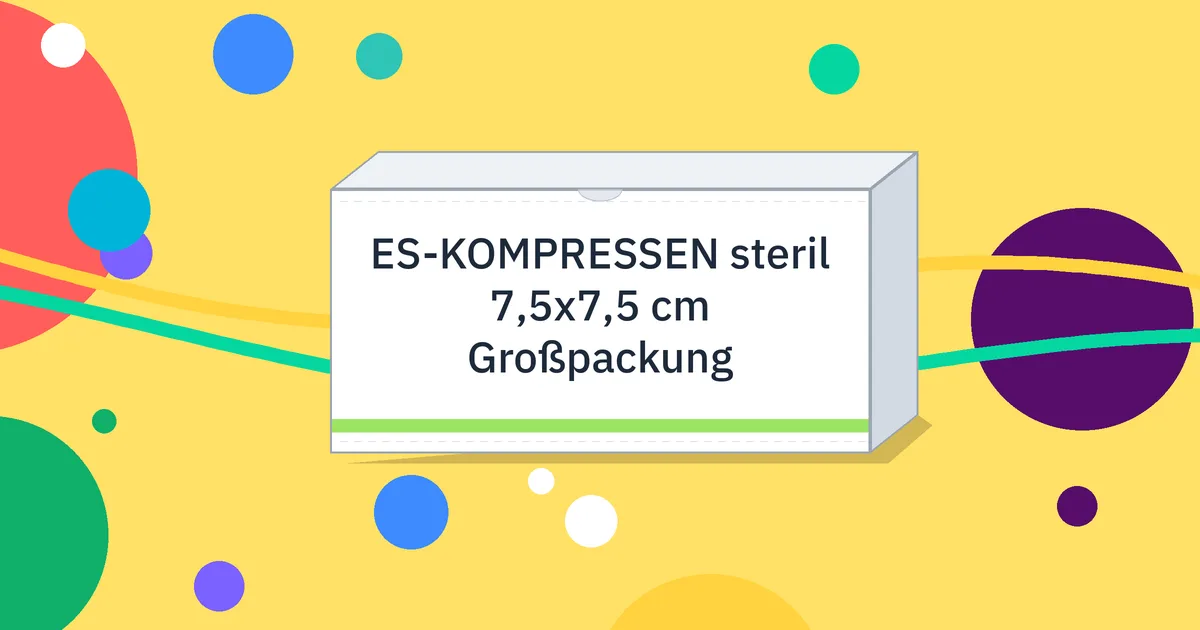 Symbolbild: Packung mit der Aufschrift ES-KOMPRESSEN steril 7,5x7,5 cm Großpackung (PZN 12579287) – Verfügbarkeit und Bezug in Apotheken in Frankfurt am Main